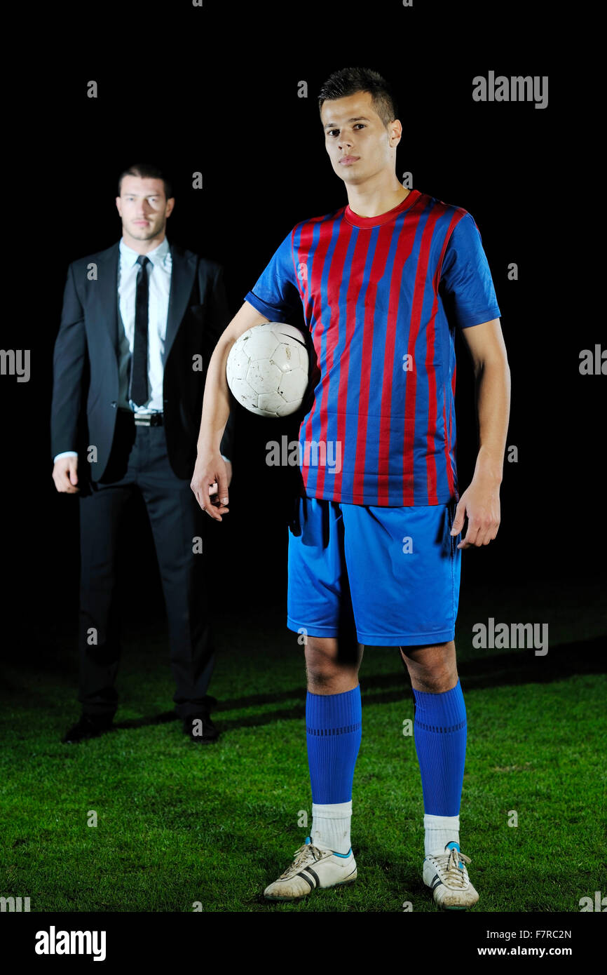 soccer sport manager in business suit coach and football player on ...