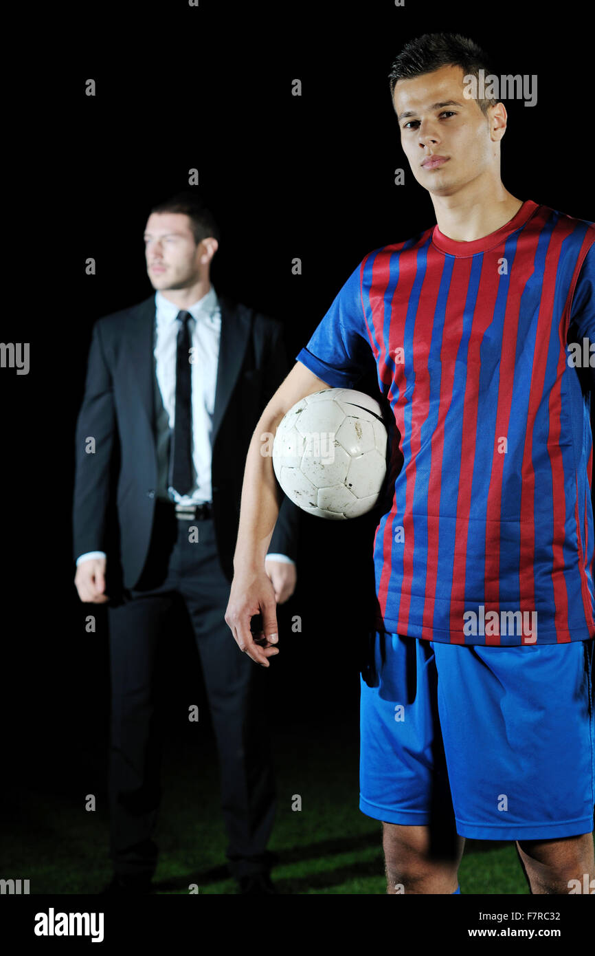 soccer sport manager in business suit coach and football player on ...