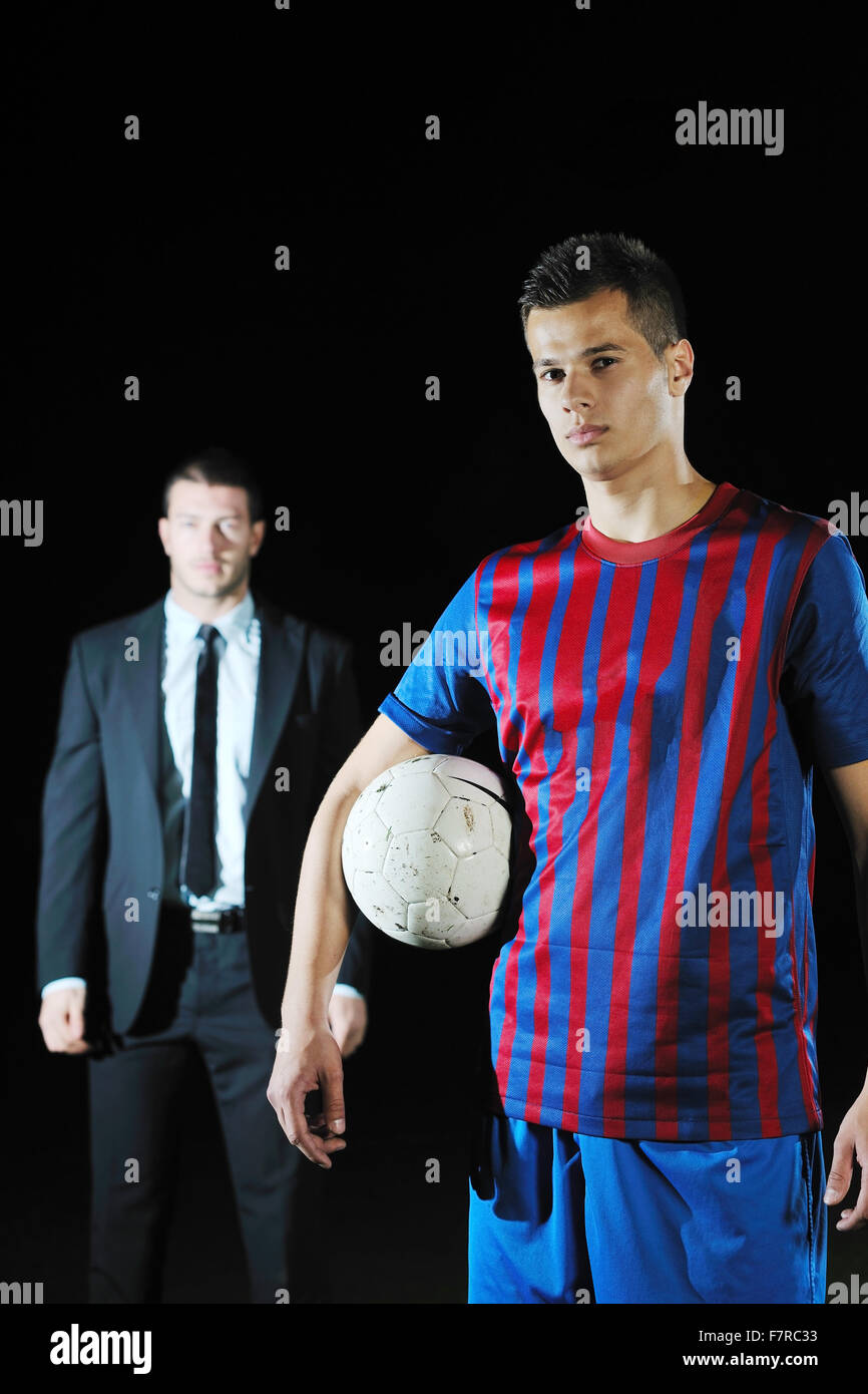 soccer sport manager in business suit coach and football player on ...