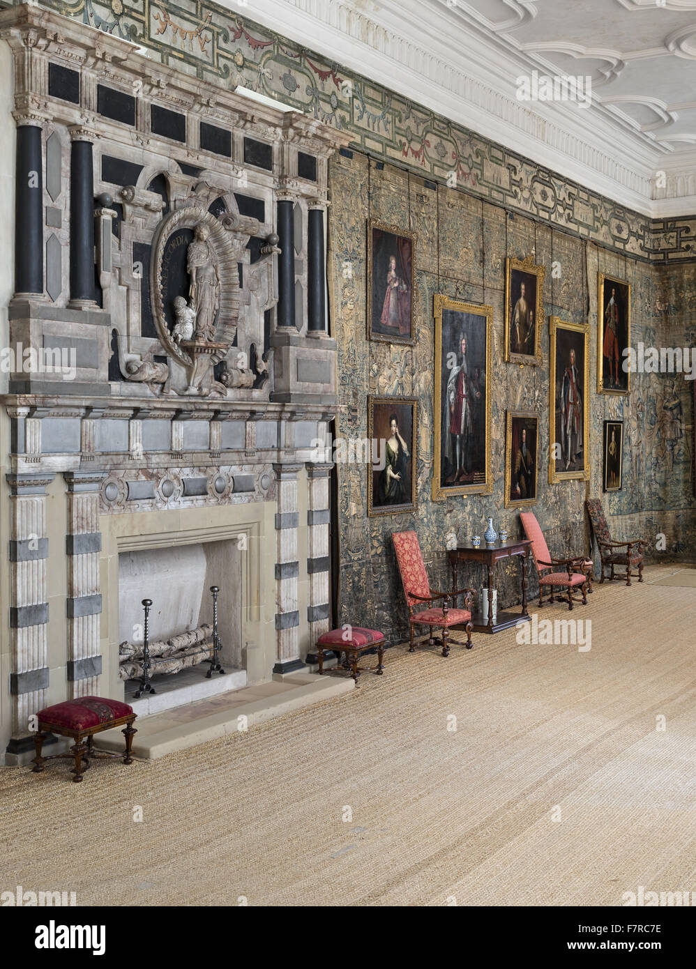 Fireplace with Mercy as overmantle in the Long Gallery at Hardwick Hall ...