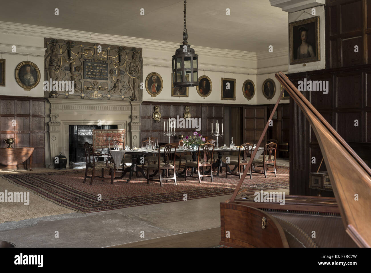 View across the open Broadwood piano in the Dining Room at Hardwick ...