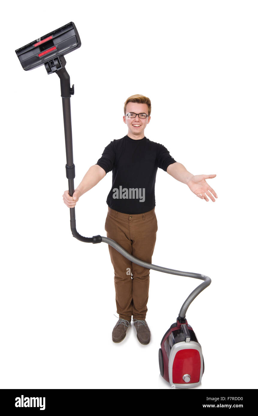 Funny man with vacuum cleaner on white Stock Photo - Alamy