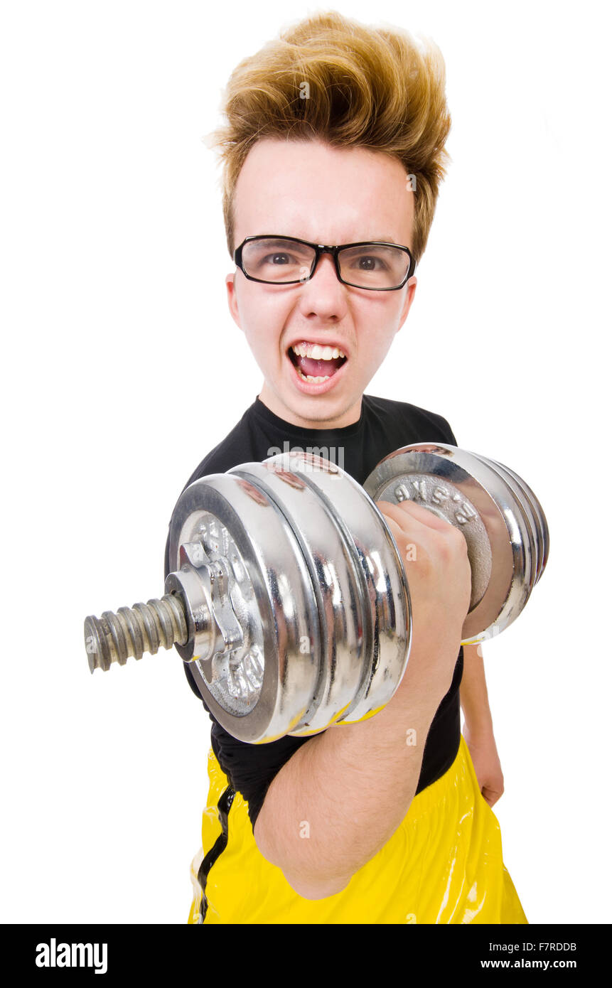 Funny guy with dumbbels on white Stock Photo - Alamy
