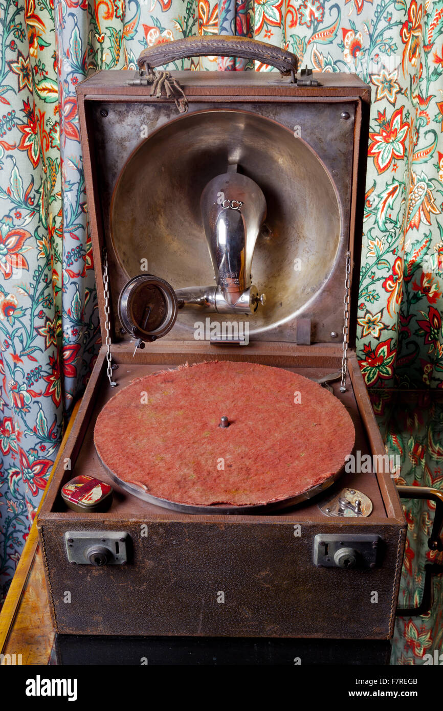 Portable gramophone player in the Library at Eyam Hall and Craft Centre ...