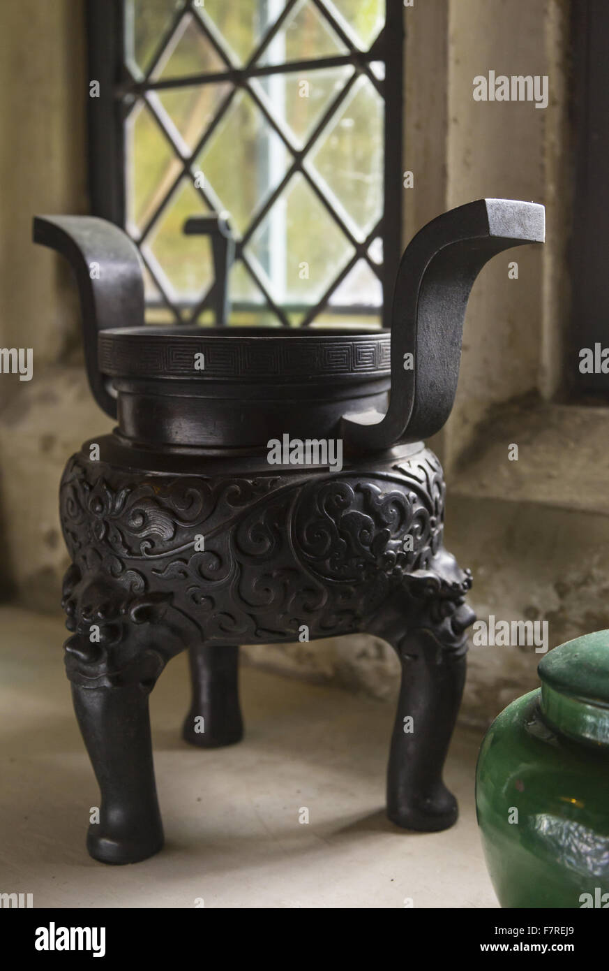 Chinese 17th-century bronze ding vessel, on a windowsill at Nymans ...
