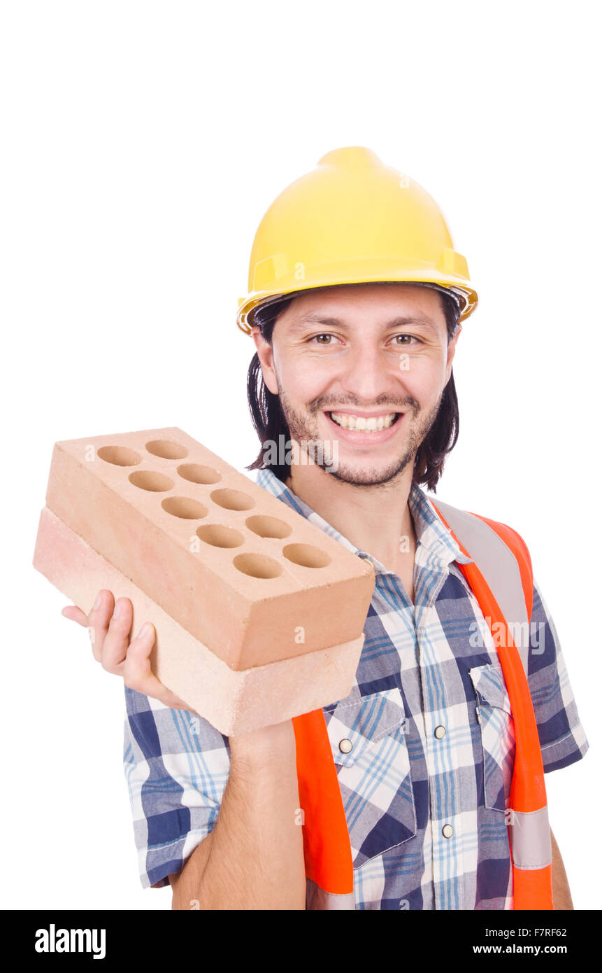 Builder with clay bricks isolated on white Stock Photo - Alamy