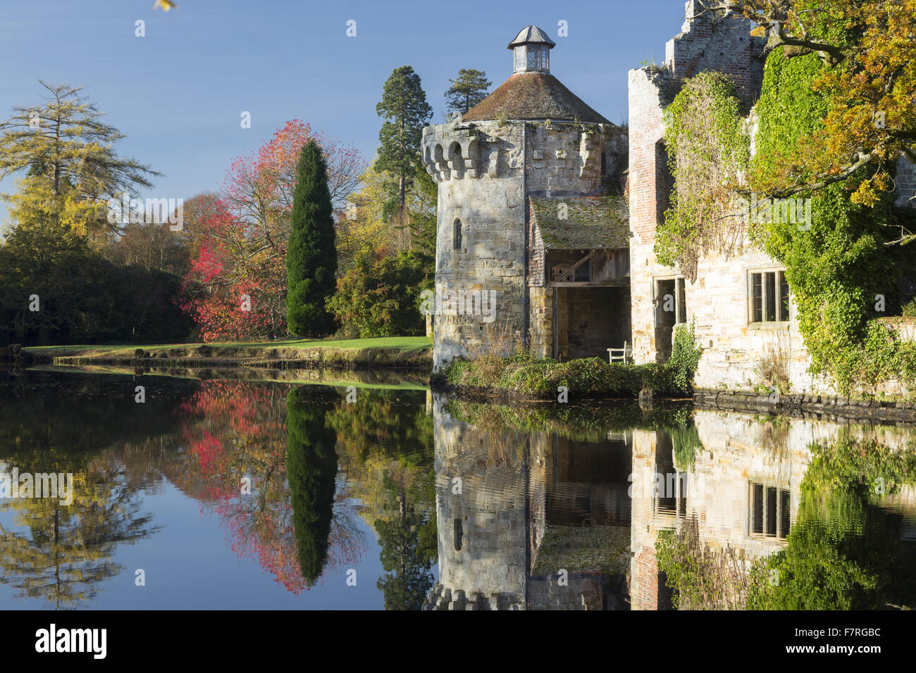 The autumn at Scotney Castle, Kent. The medieval moated Old Scotney ...