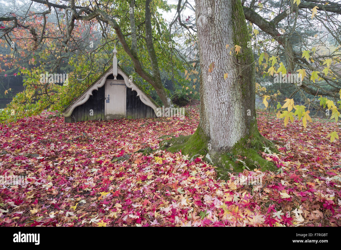 The boathouse in the autumn at Scotney Castle, Kent. The medieval ...