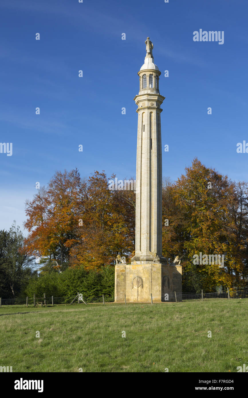 The Cobham Monument in the autumn at Stowe, Buckinghamshire. Stowe is a ...