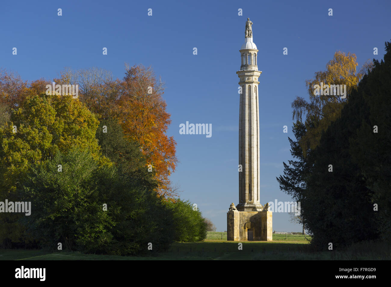 The Cobham Monument in the autumn at Stowe, Buckinghamshire. Stowe is a ...