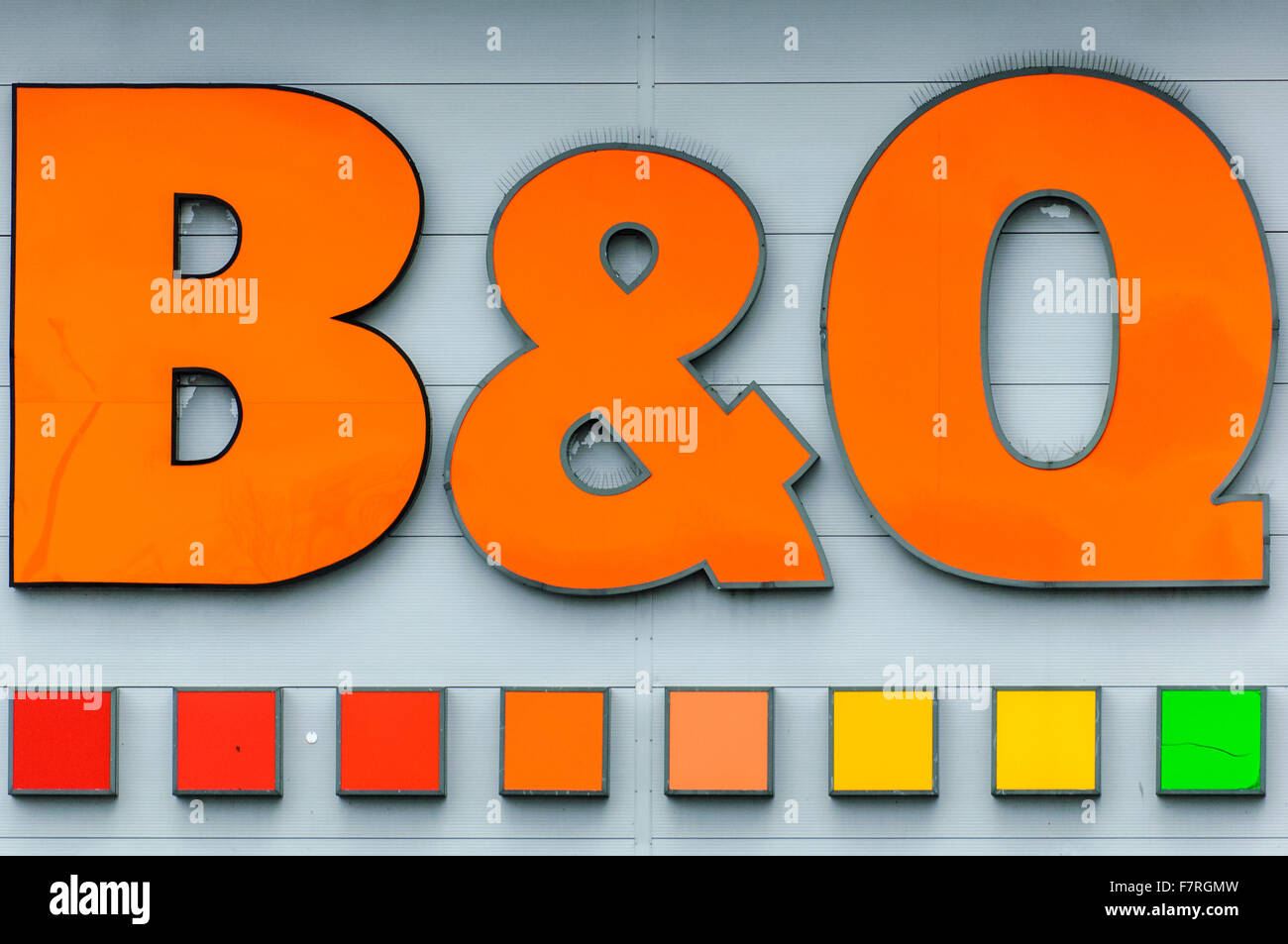 Closeup of the orange sign and logo for the hardware retail store B&Q ...
