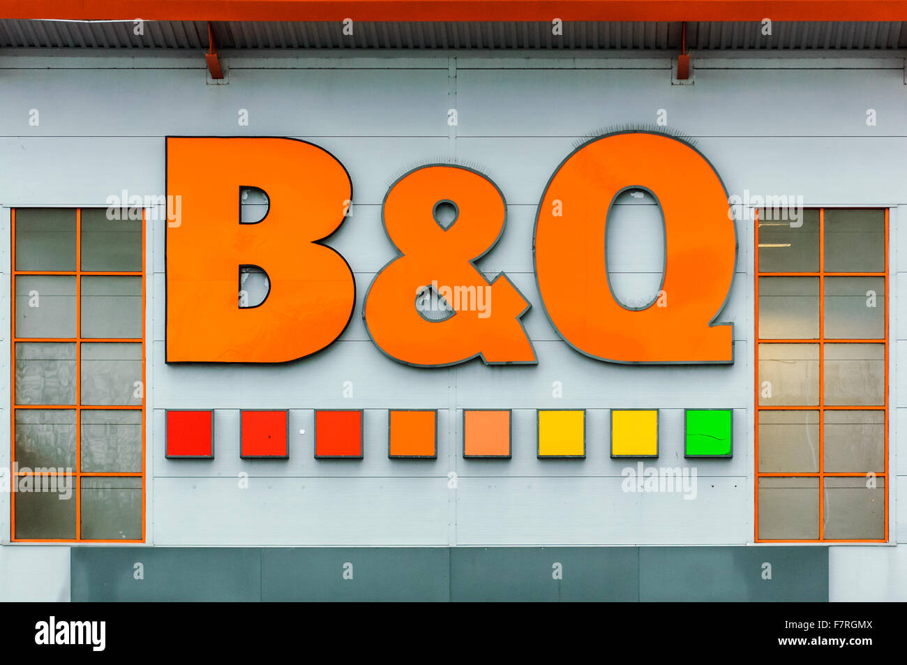 Closeup of the orange sign and logo for the hardware retail store B&Q ...