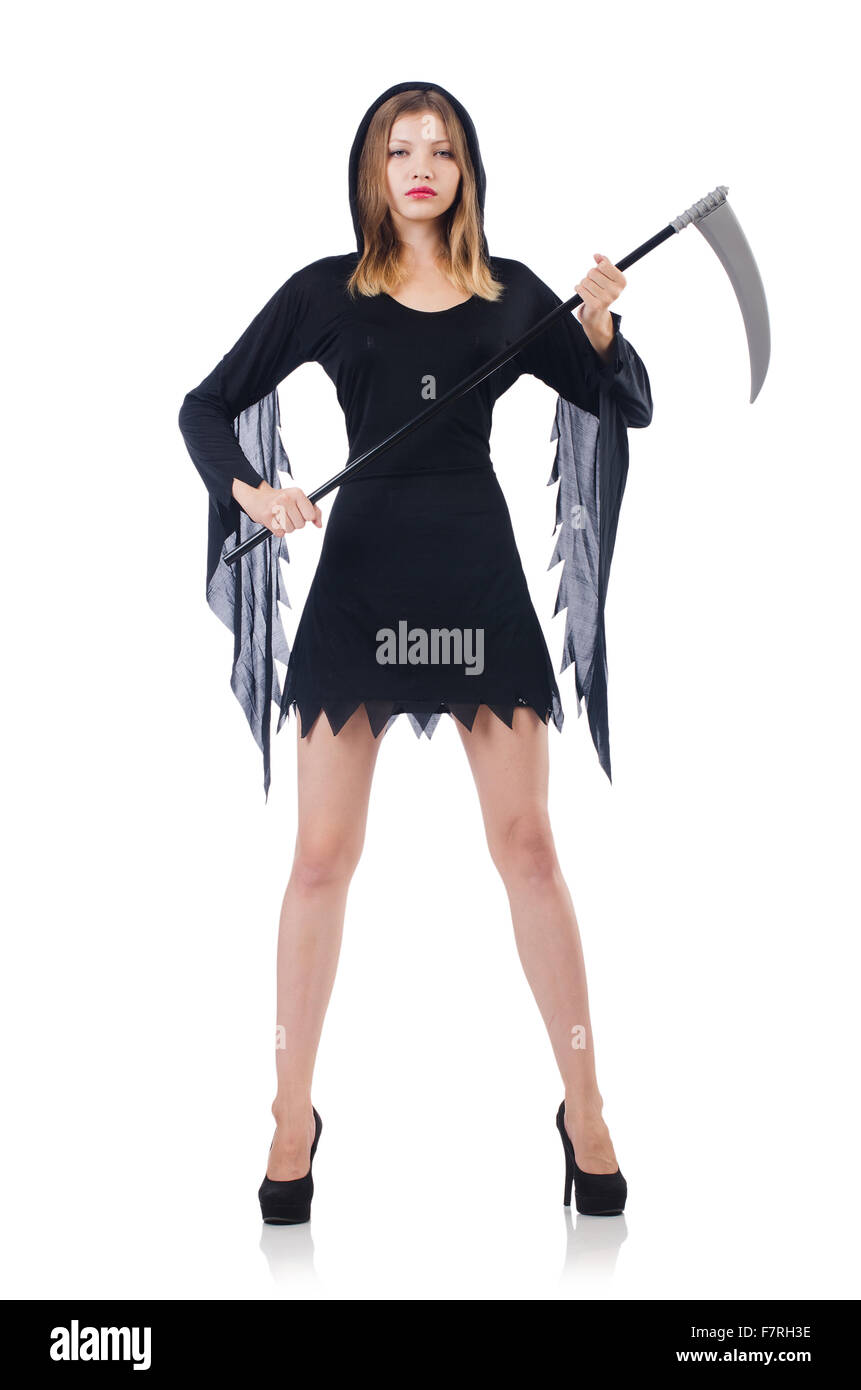 Woman in halloween concept with scythe Stock Photo - Alamy