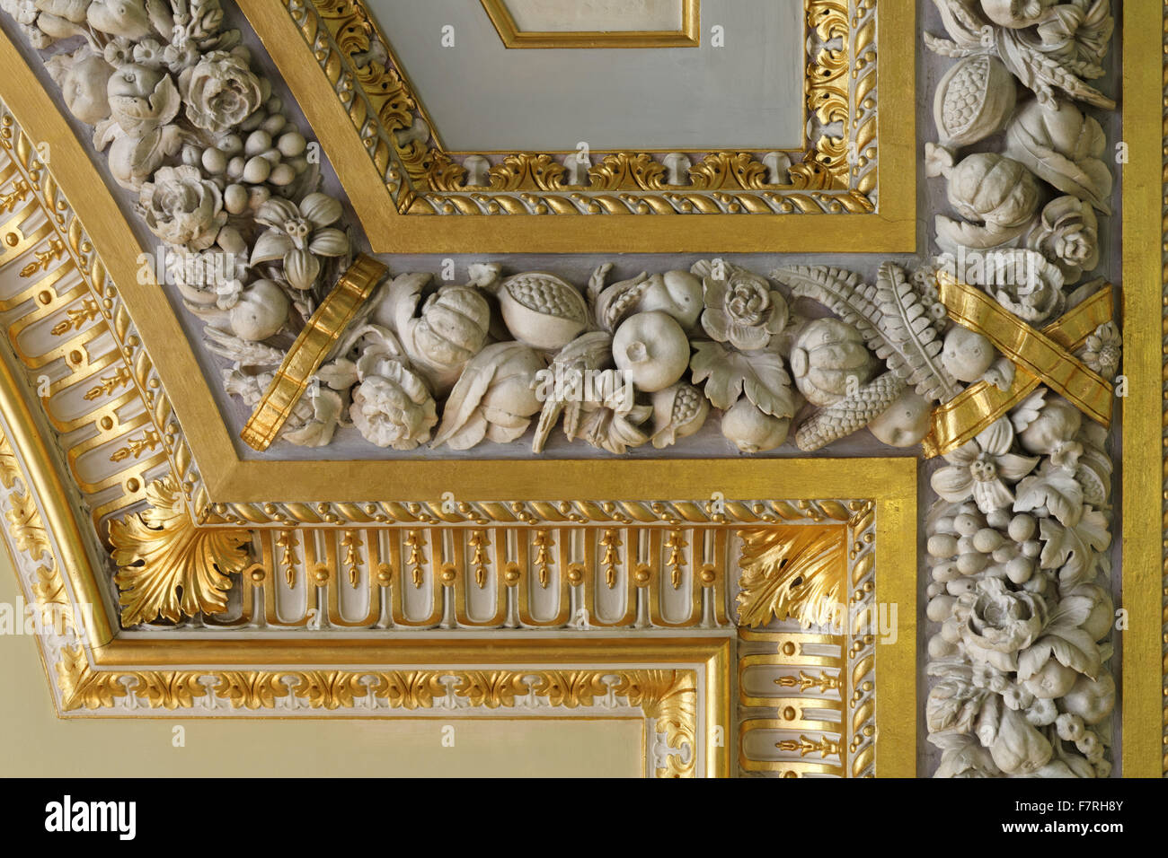 Close up detail of the plaster work ceiling in the dining room at ...