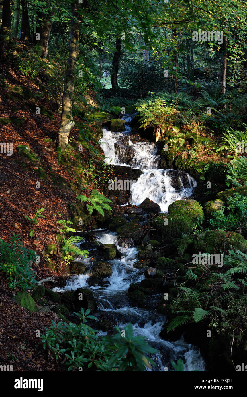 A waterfall at Footprint, Windermere, Cumbria. The straw bale building ...