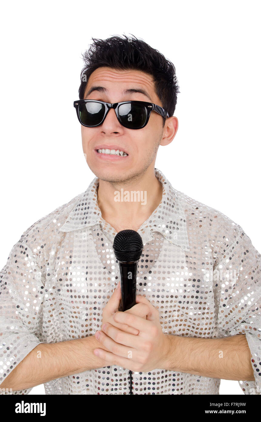 Man with mic isolated on white Stock Photo - Alamy