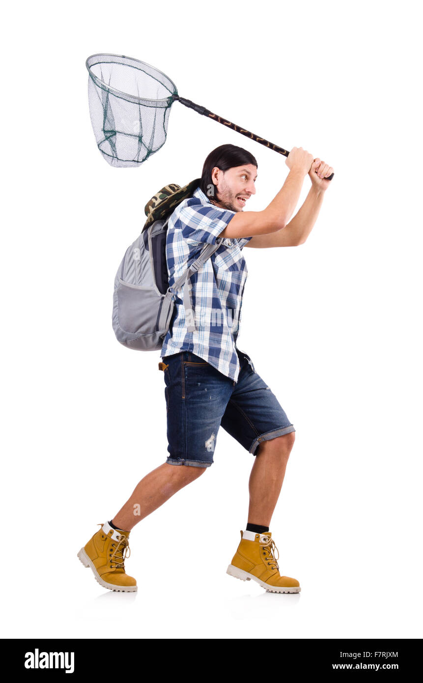 Man with catching net isolated on white Stock Photo - Alamy