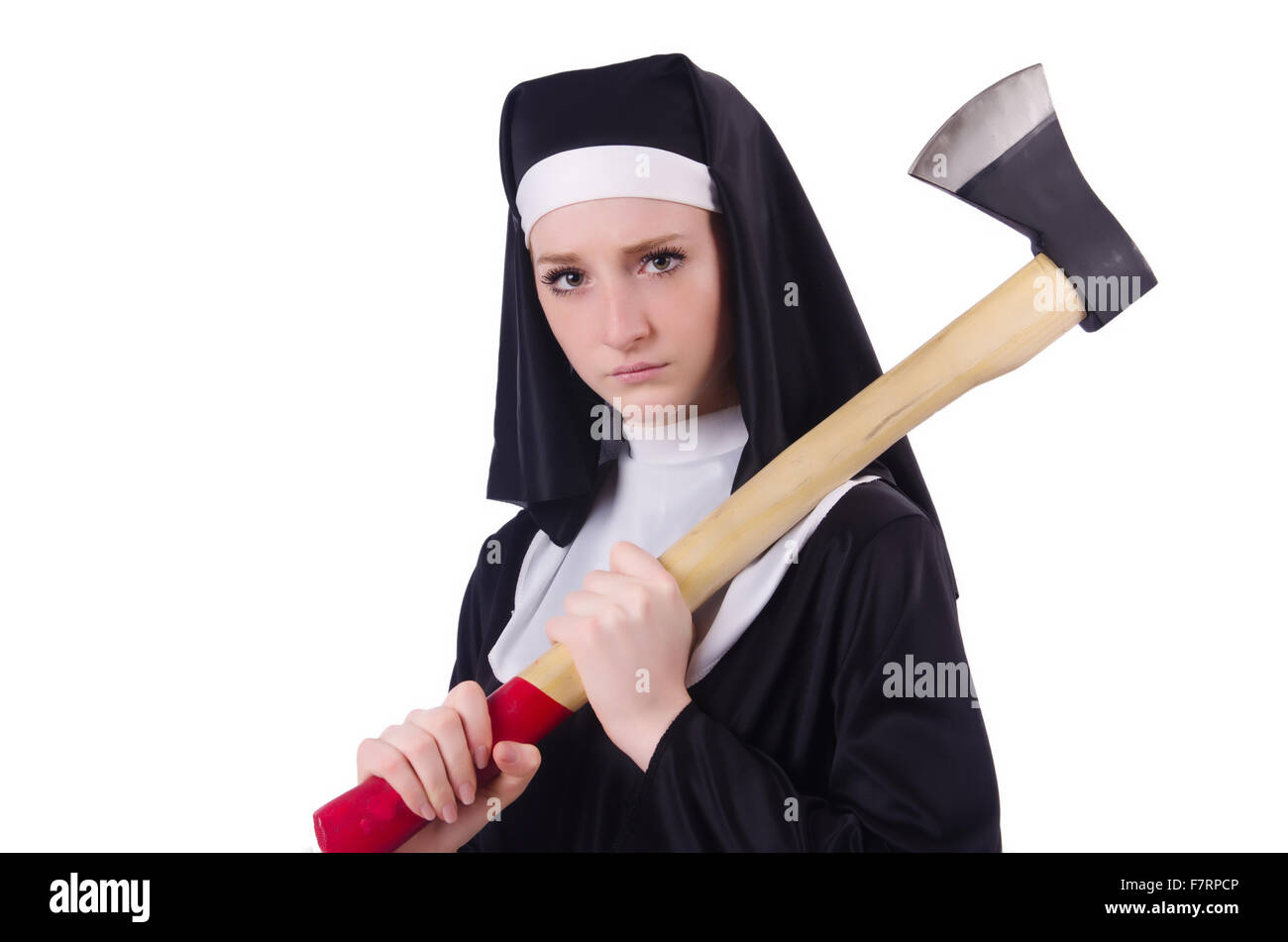 Nun with axe isolated on white Stock Photo - Alamy