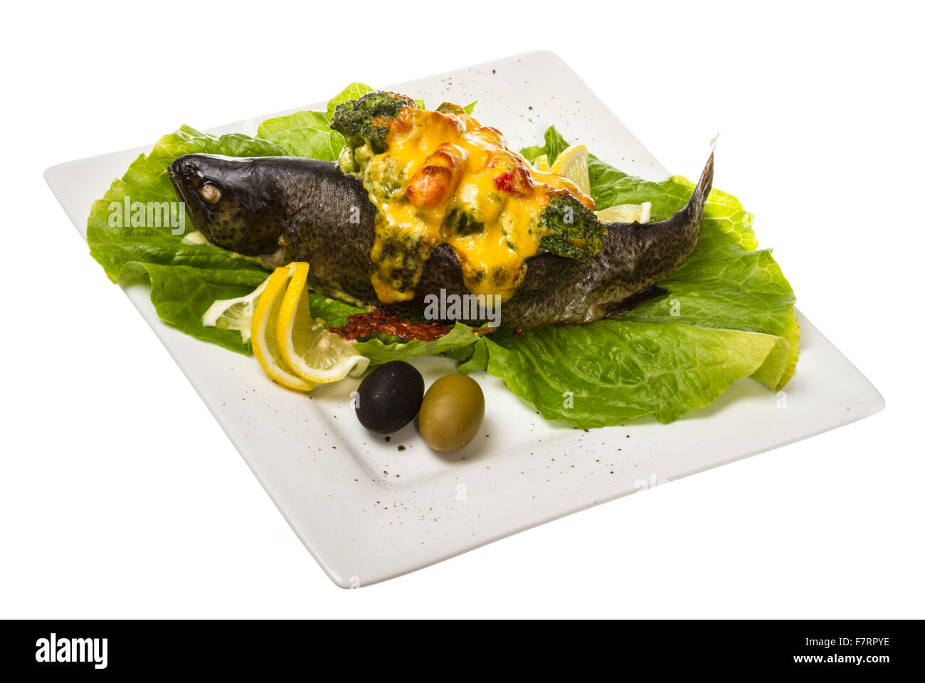 trout fish baked with shrimps and cauliflower Stock Photo - Alamy