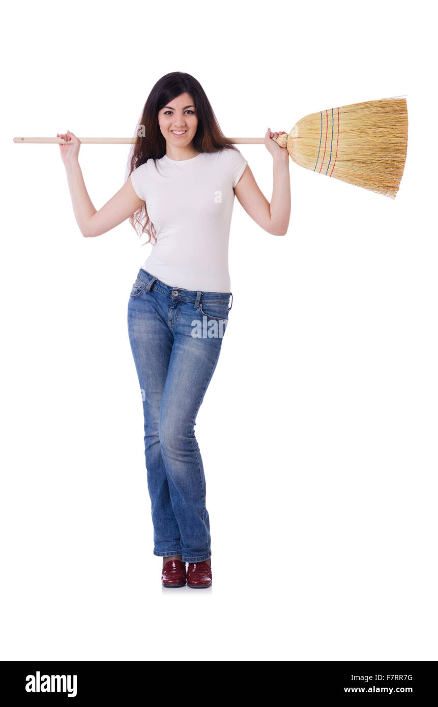 Young woman with broom isolated on white Stock Photo - Alamy