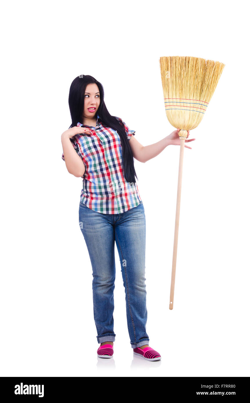 Young woman with broom isolated on white Stock Photo - Alamy