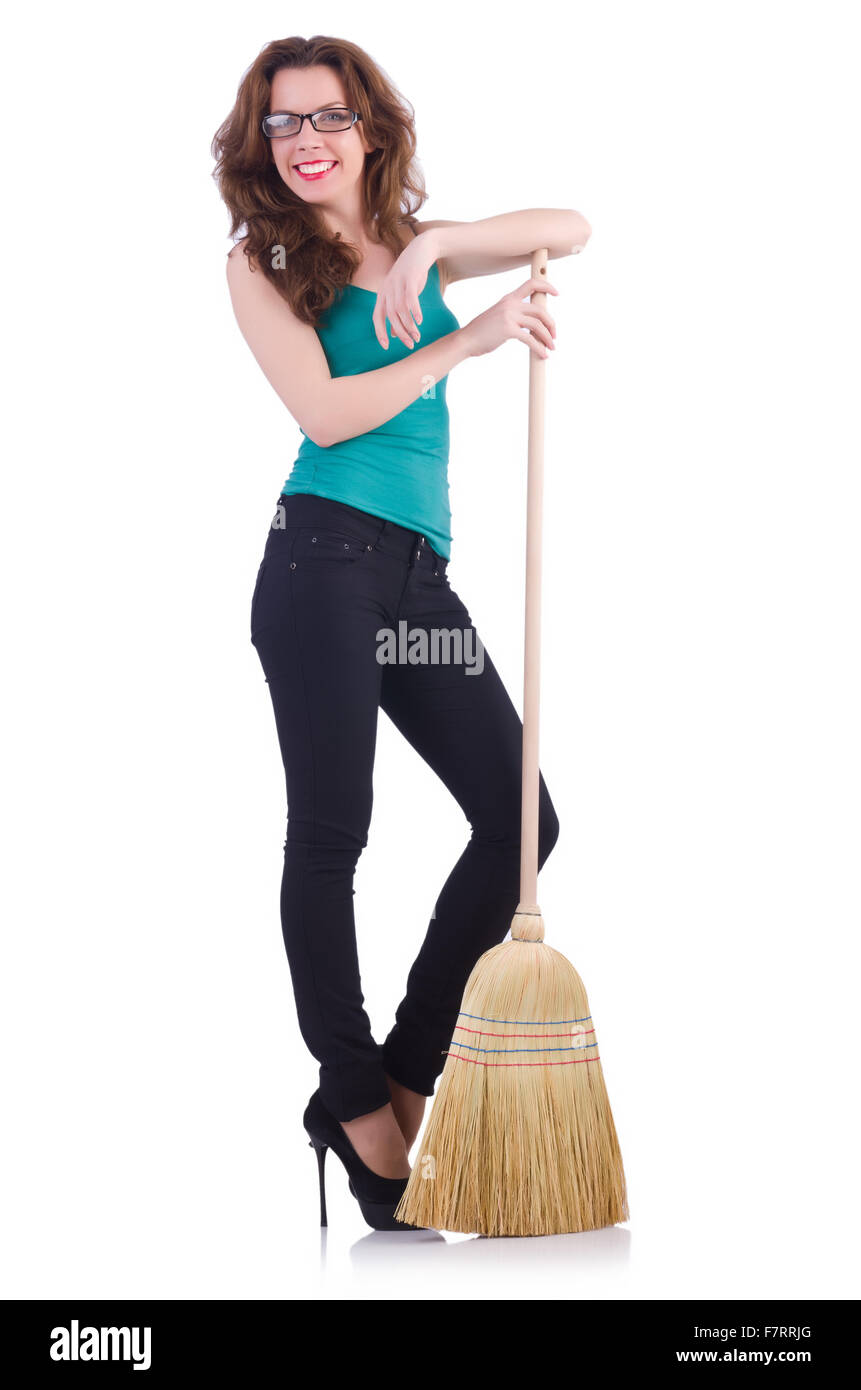 Young woman with broom isolated on white Stock Photo - Alamy
