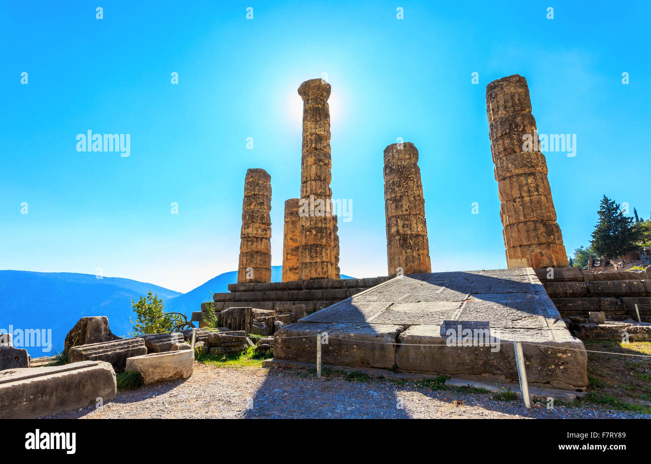 ruins of Apollo temple in Ancient Delphi, Greece Stock Photo - Alamy