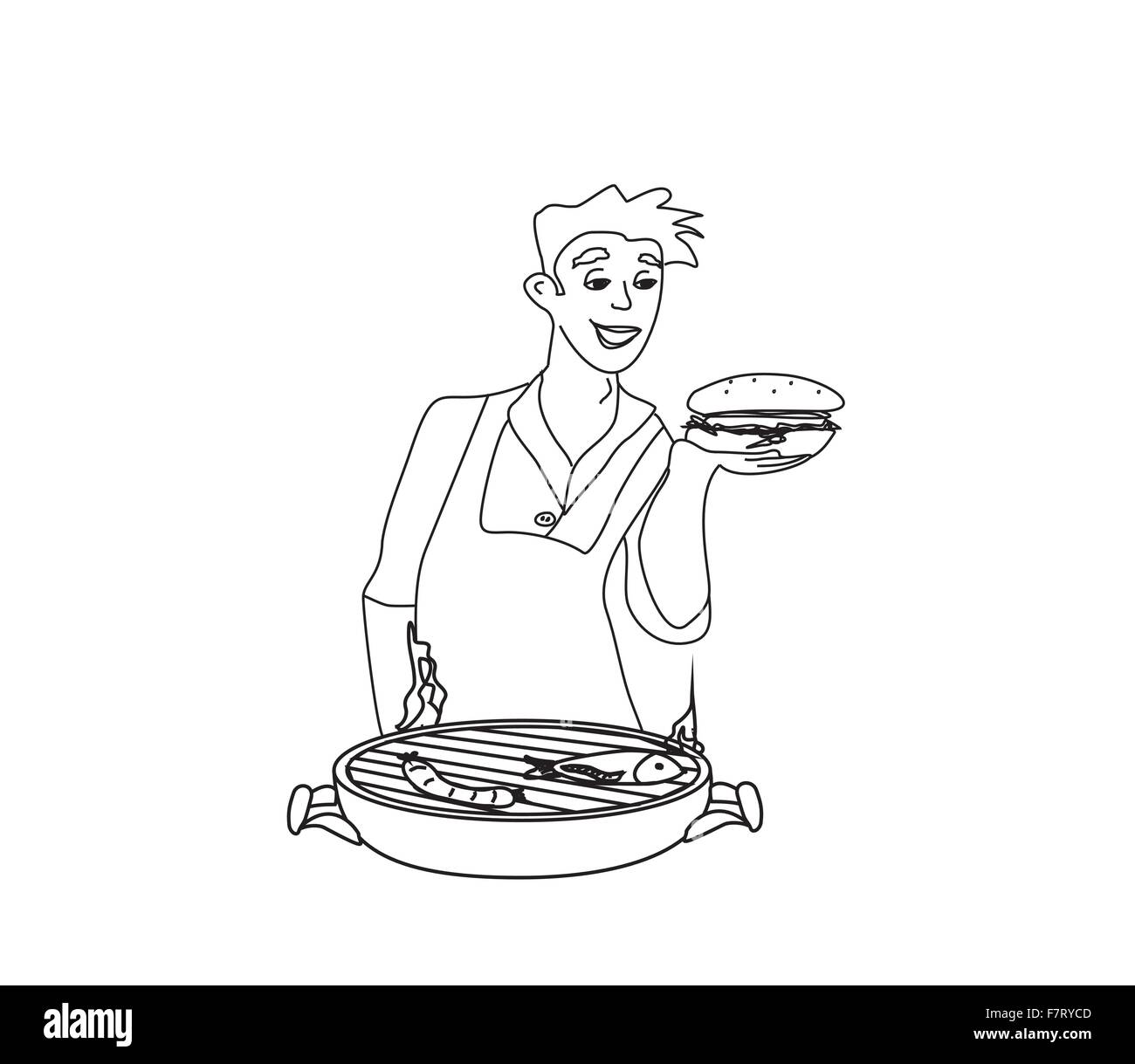 Man cooking barbecue funny doodle illustration hi-res stock photography ...