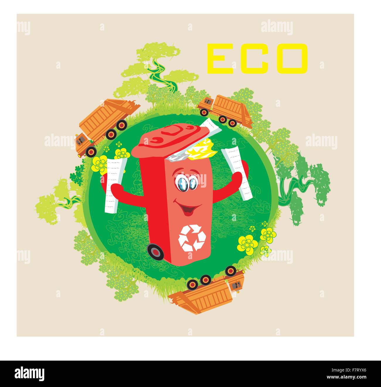 Recycling red bin with papers, ecology concept with landscape a Stock ...