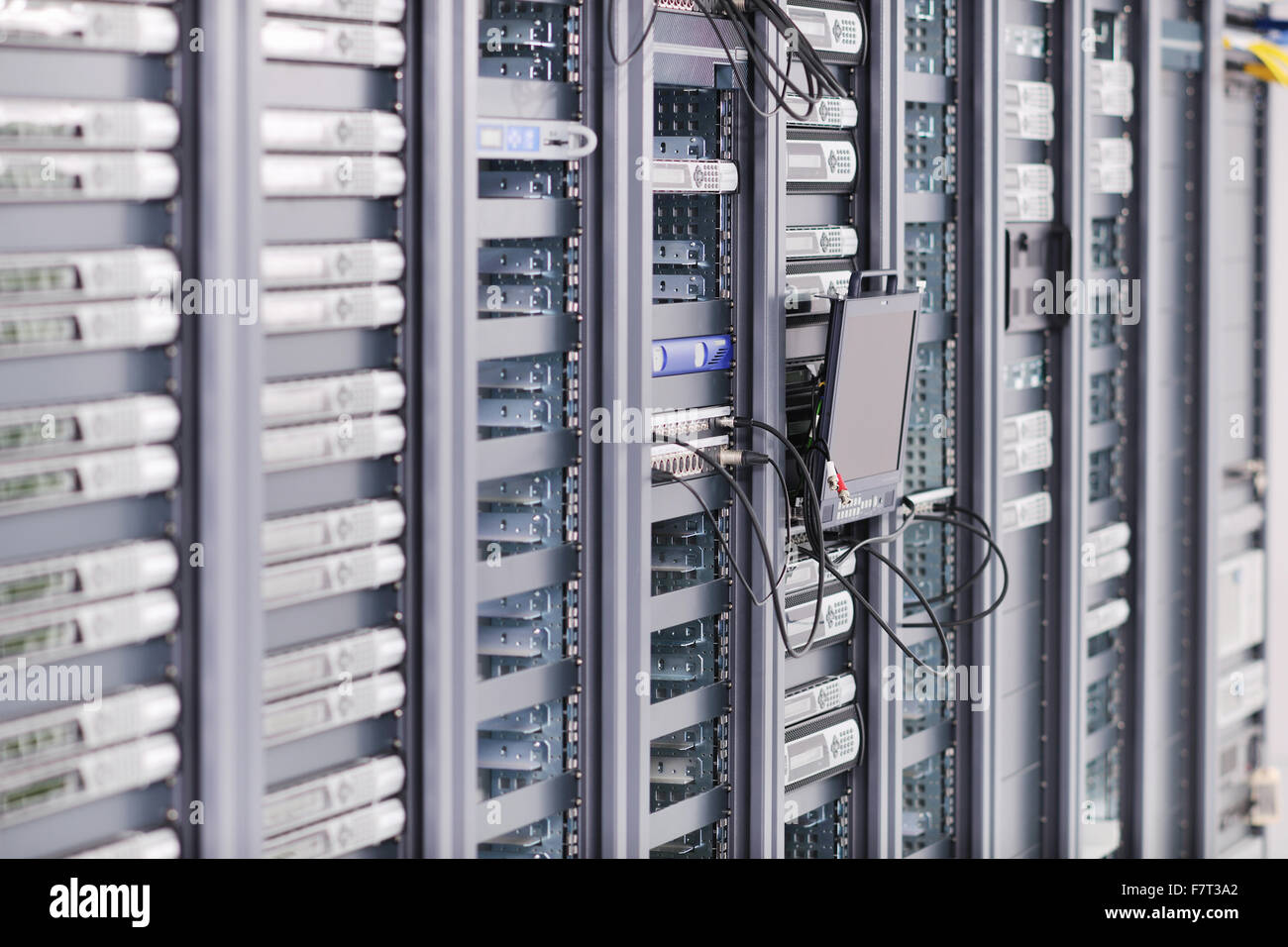internet network server room with computers racks and digital receiver ...