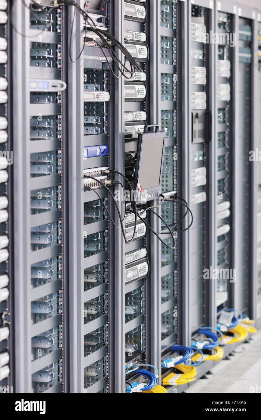 internet network server room with computers racks and digital receiver ...