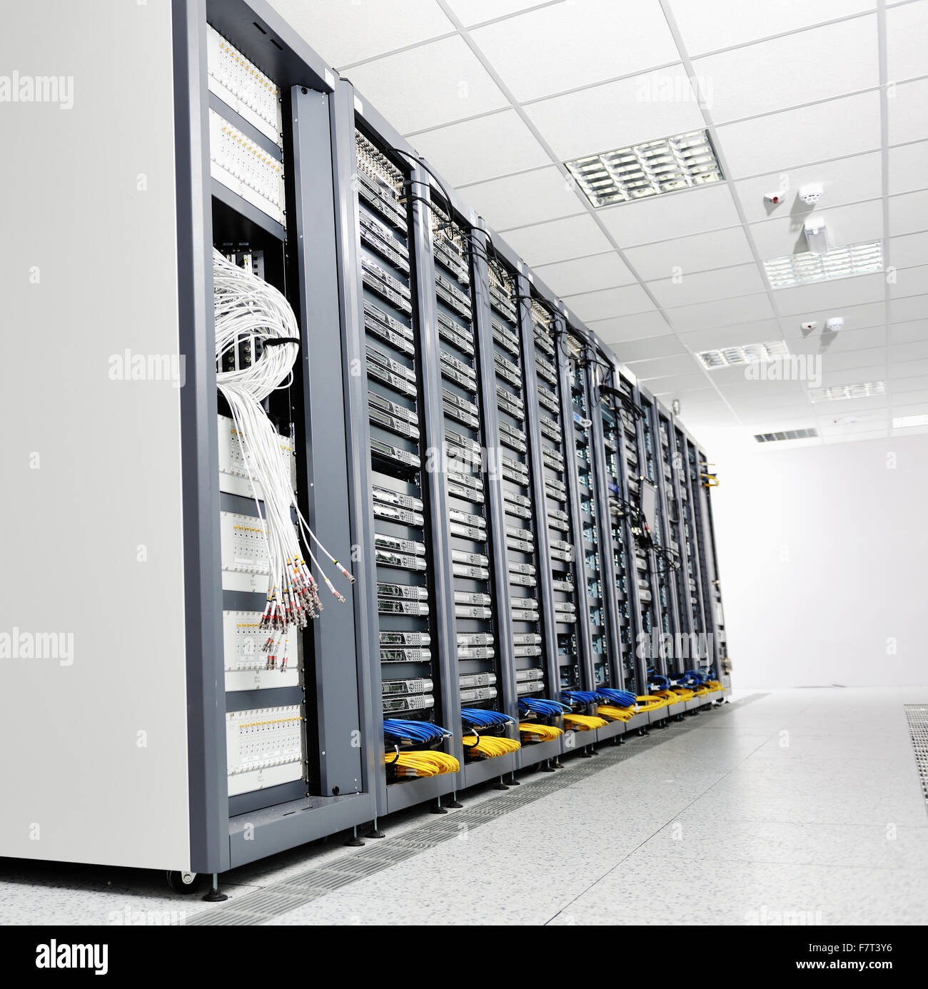 internet network server room with computers racks and digital receiver ...