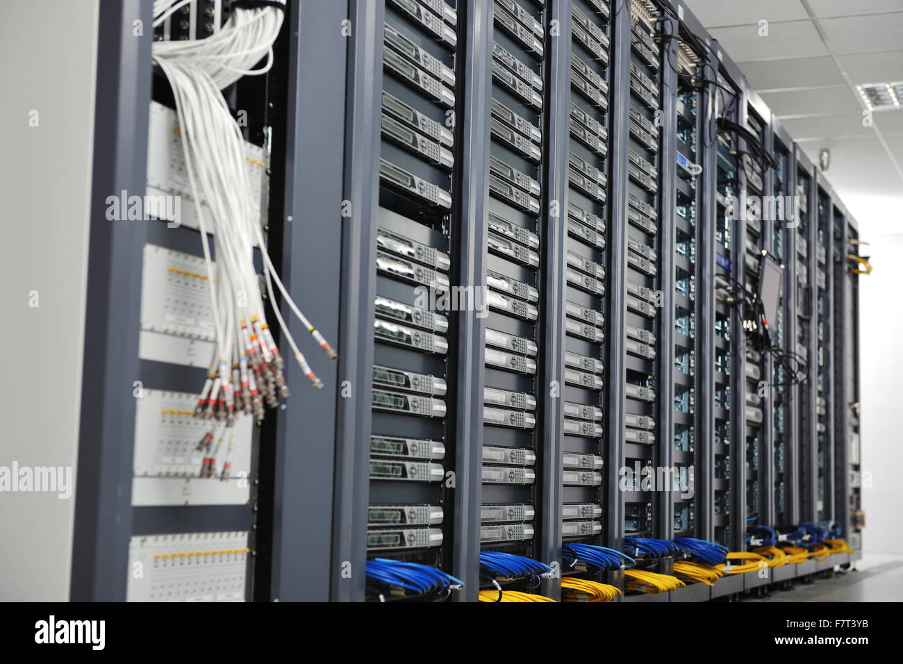 internet network server room with computers racks and digital receiver ...