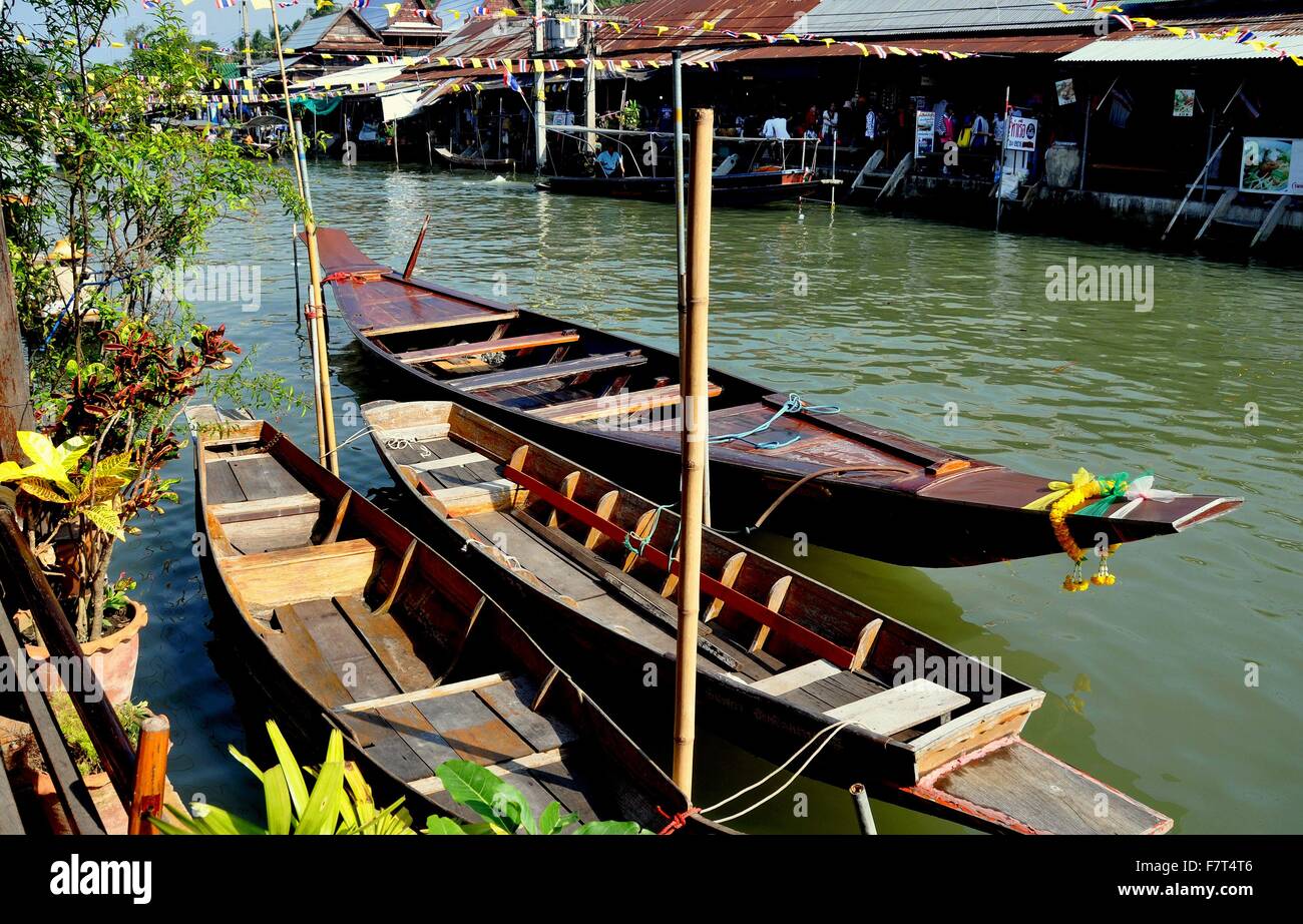 Amphawa, Thailand: Moored flat-bottom wooden boats docked on the Mae ...