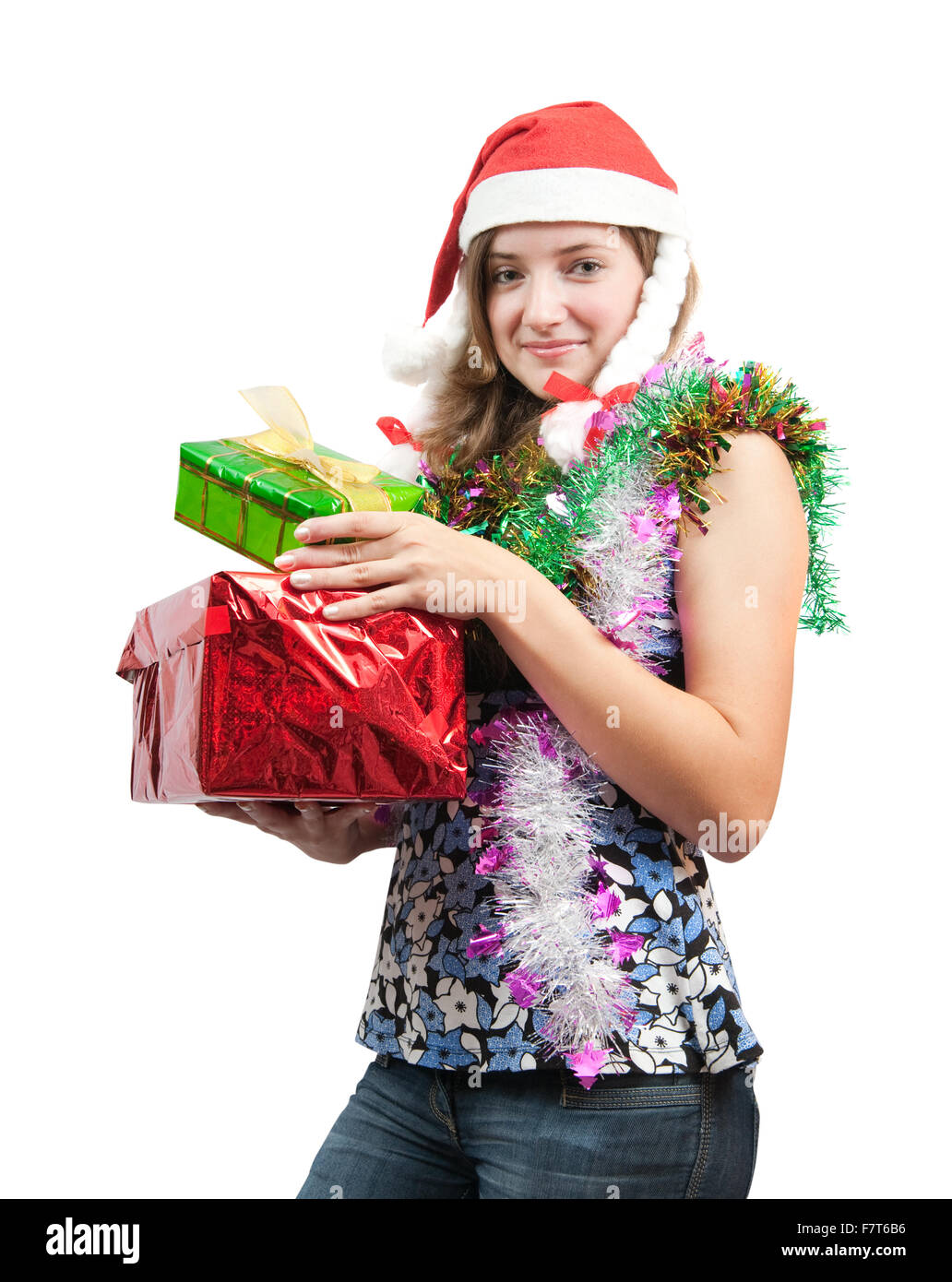 Long-haired girl with few present boxes Stock Photo - Alamy