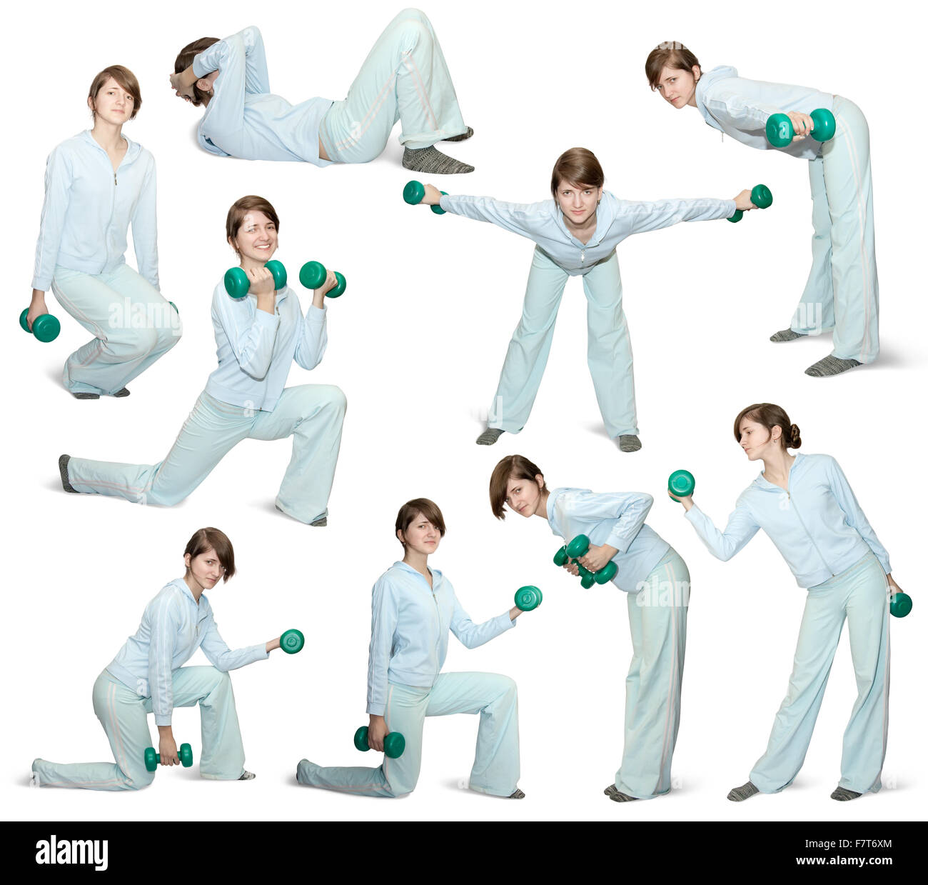 girl in blue activewear doing fitness exercises with barbell Stock ...