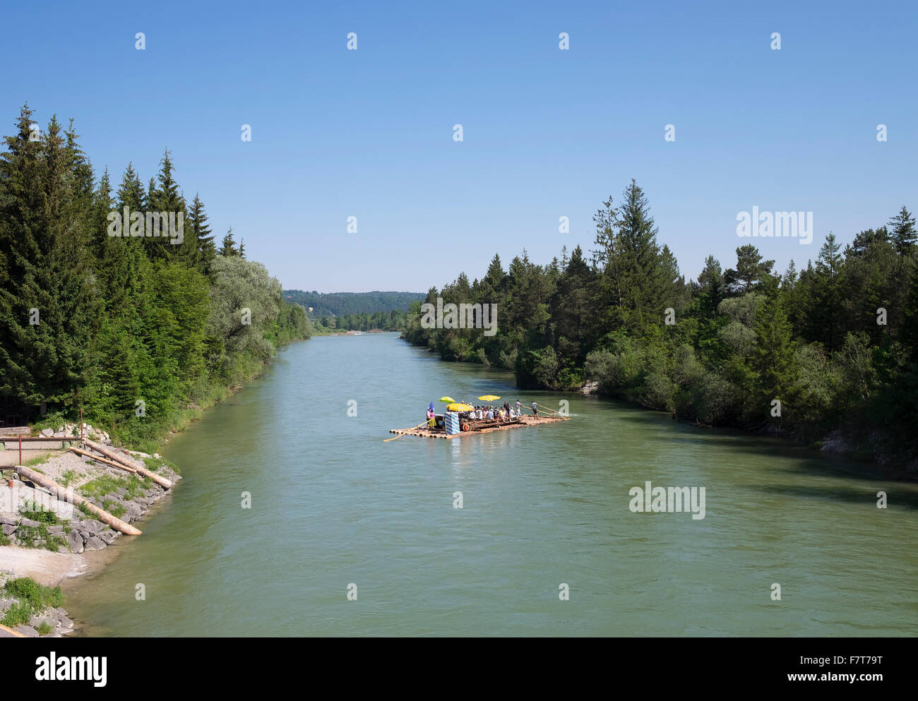 Raft trip on the river Isar, nature reserve Isarauen, Pupplinger Au ...