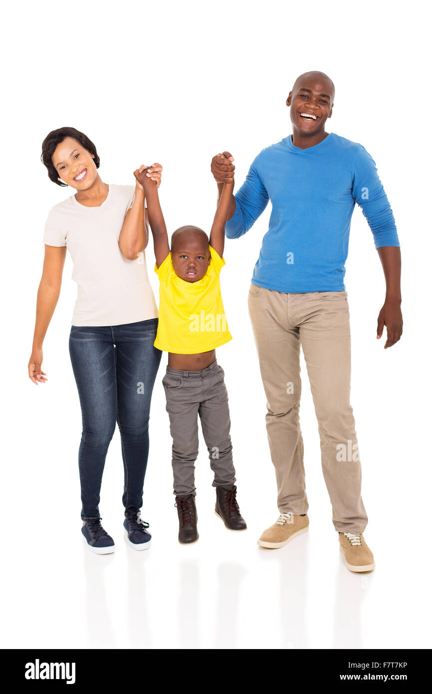 cheerful young African family having fun on white background Stock ...