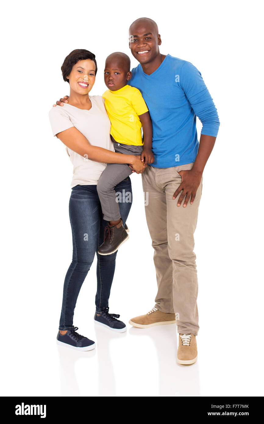 full length portrait of happy young African family isolated on white ...
