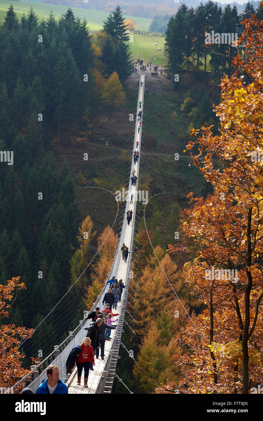 Suspension bridge over Geierlay Mörsdorfer Bachtal, Mörsdorf, Hunsrück ...