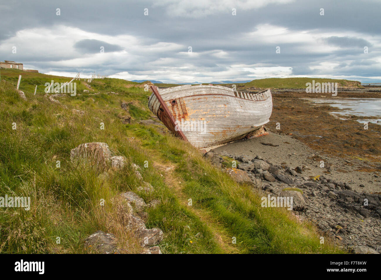 Shipwreck on the beach, Flatley island, Westfjords, Iceland Stock Photo ...