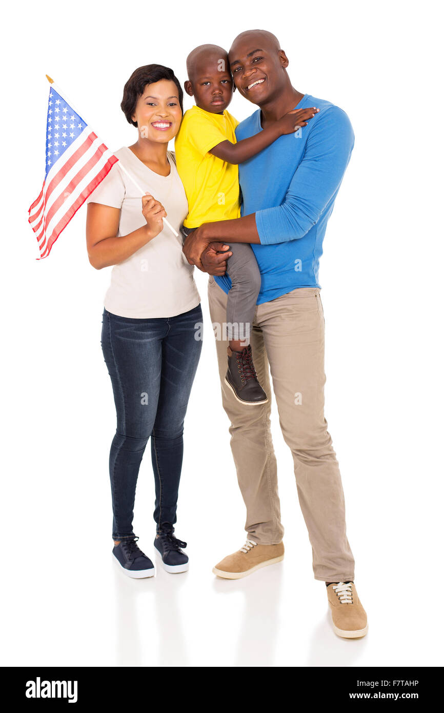 portrait of young American family with usa flag isolated on white Stock ...