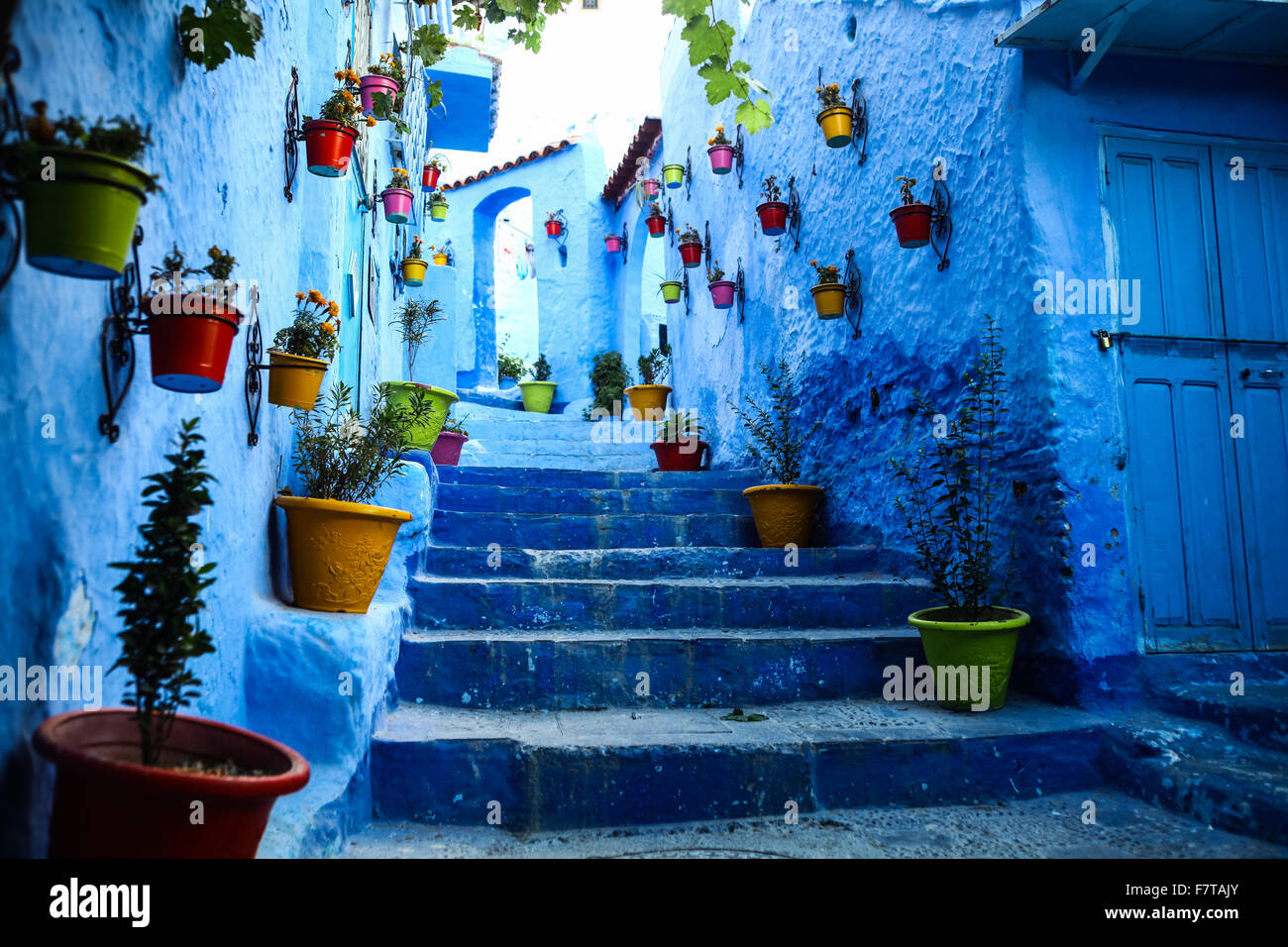 Color image of a street inthe famous blue town Chefchaouen, Morocco ...