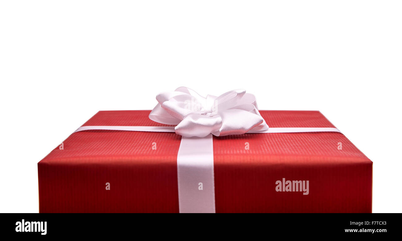 Red gift box with white ribbon Stock Photo - Alamy