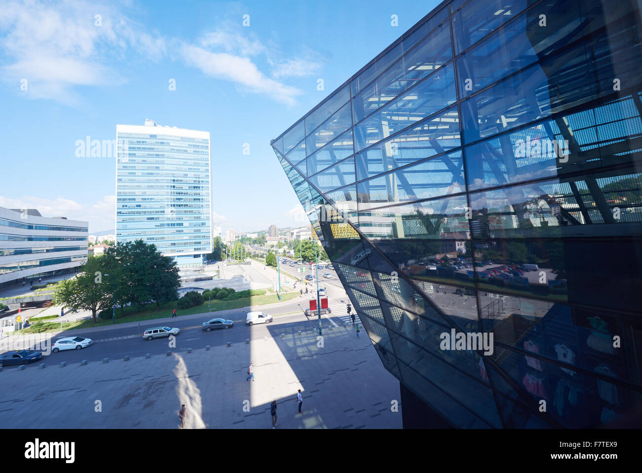 modern glass building window facade with cityscape in baclground Stock ...