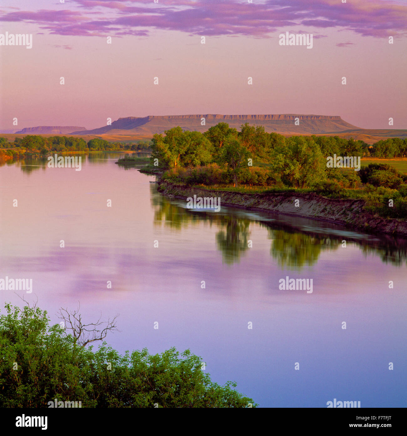 morning light on the missouri river below square butte near ulm ...