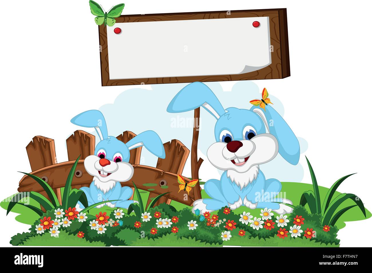 cute couple rabbit cartoon with blank board in flower garden Stock ...