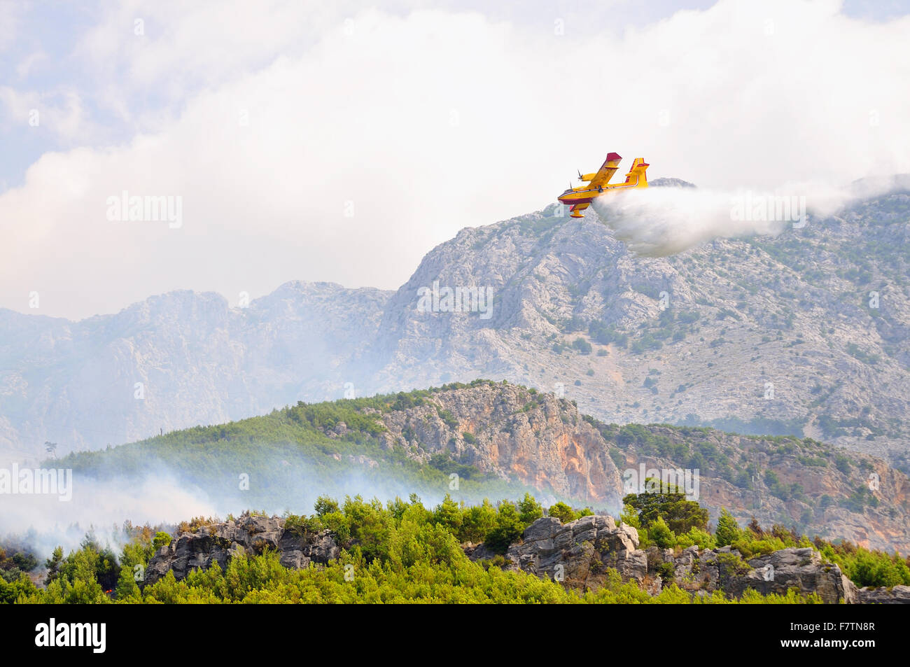 Airplane droping water on fire on island Stock Photo - Alamy