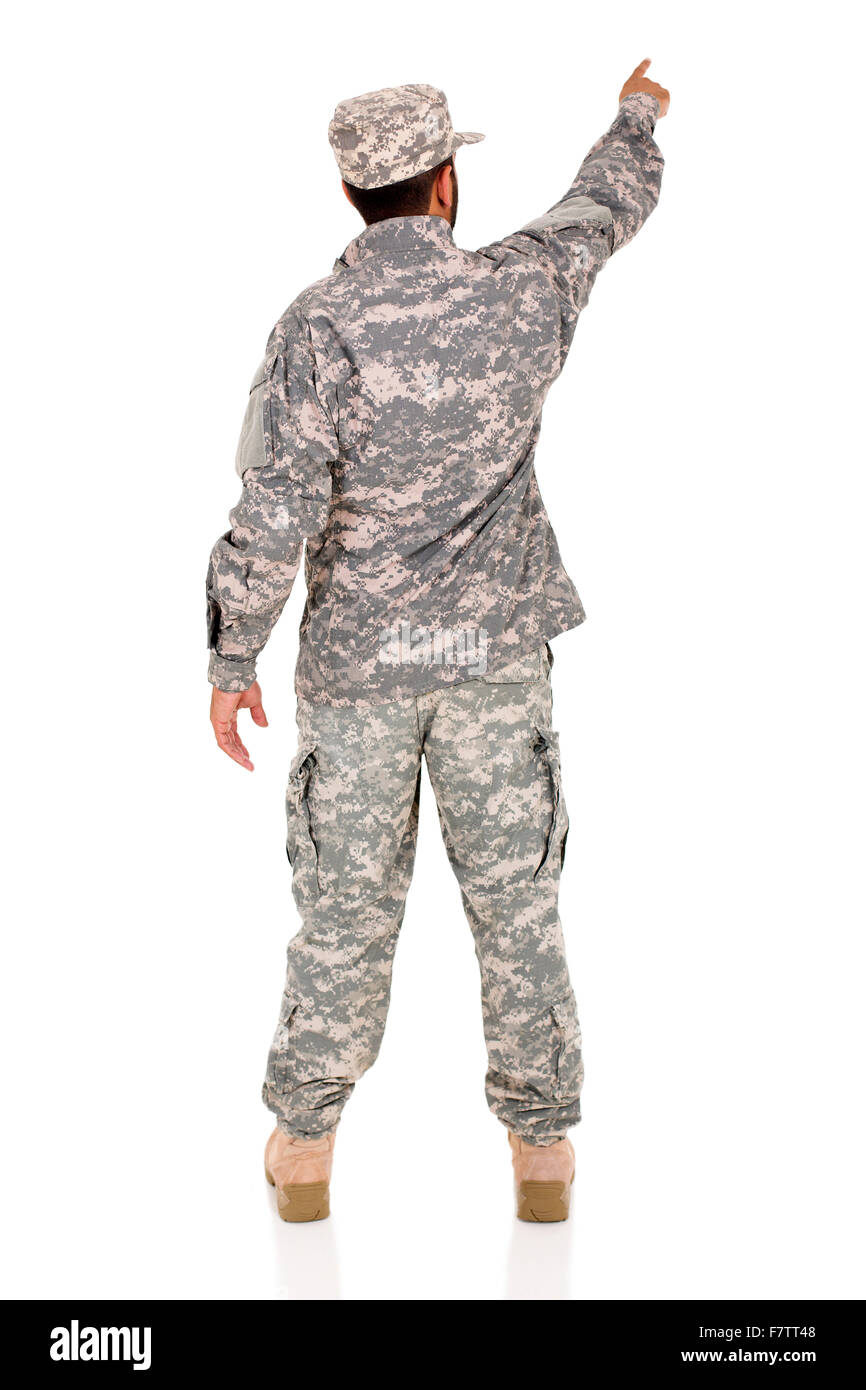 rear view of military serviceman pointing empty space Stock Photo - Alamy