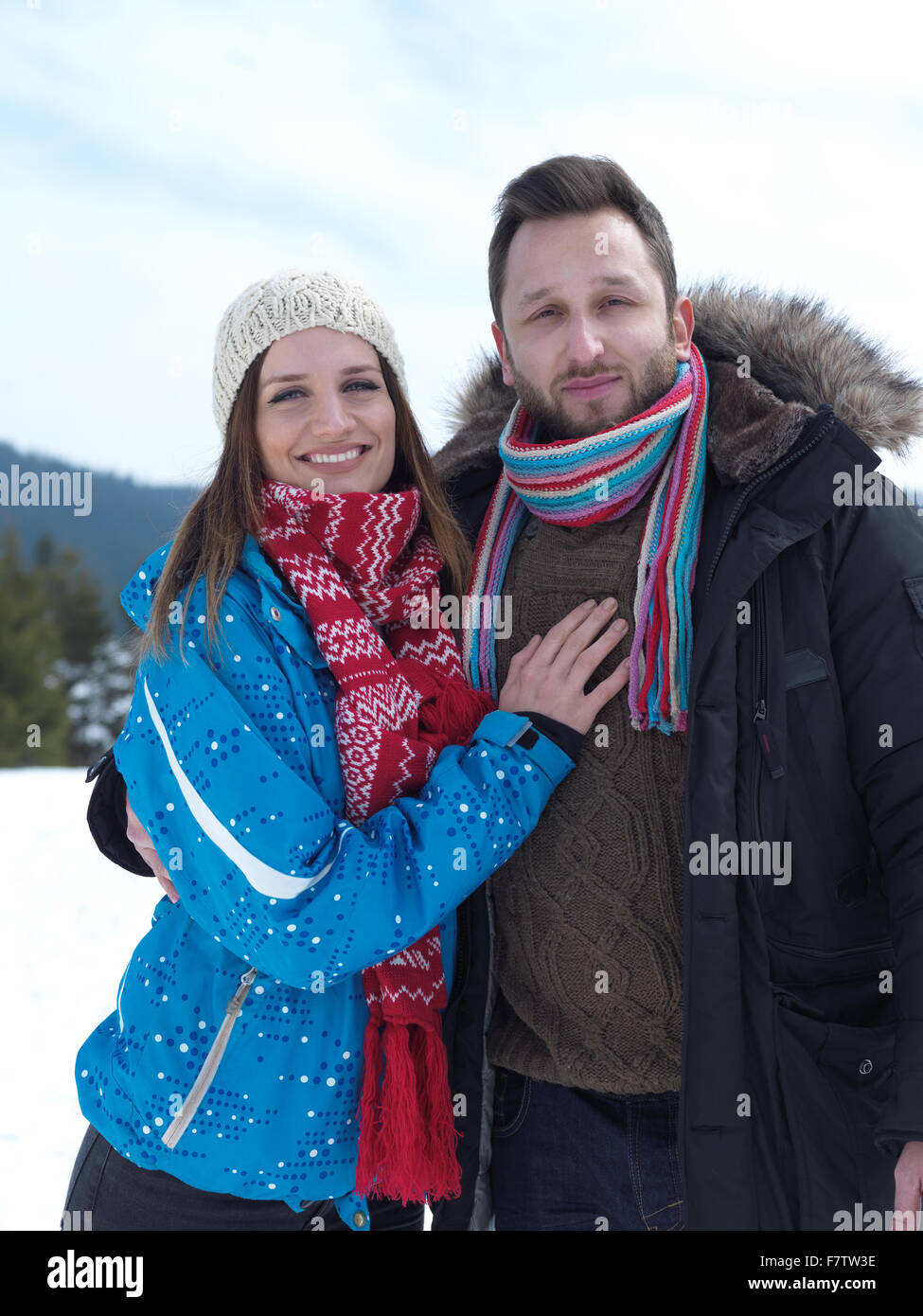 portrait of happy young romantic tourist couple outdoor in nature at ...